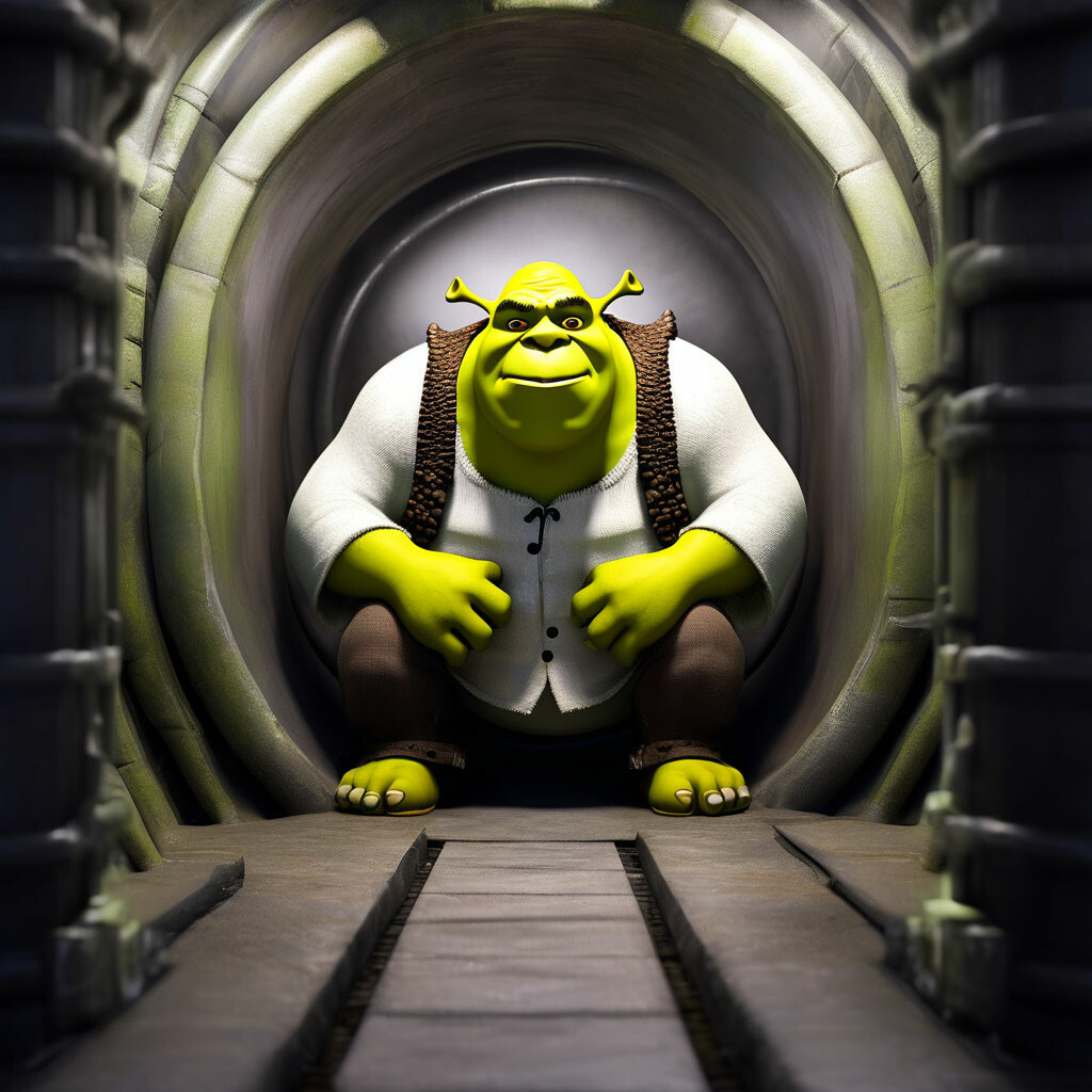 "Inside the long metal corridor-pipe is a Shrek in a special form. the ...