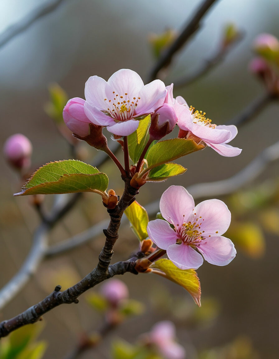 "> a bud blooms on a tree branch,macro photography" — image created in ...