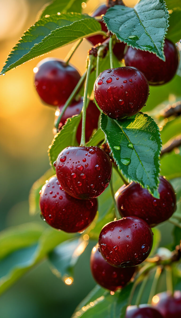 "Ripe cherries against the background of sunset Summer. Droplets. Dew ...