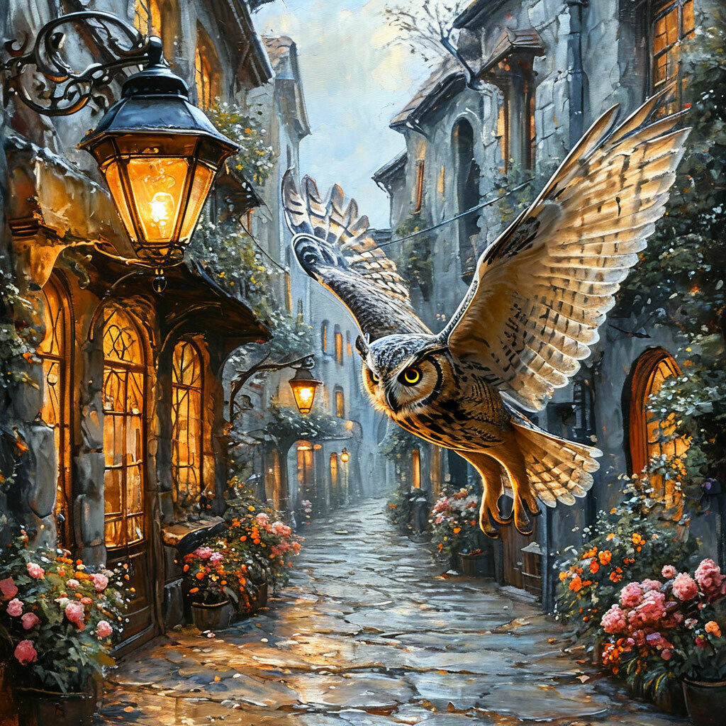 "Street, flying owl, silver haze, flowers, lantern, movement, dynamics ...