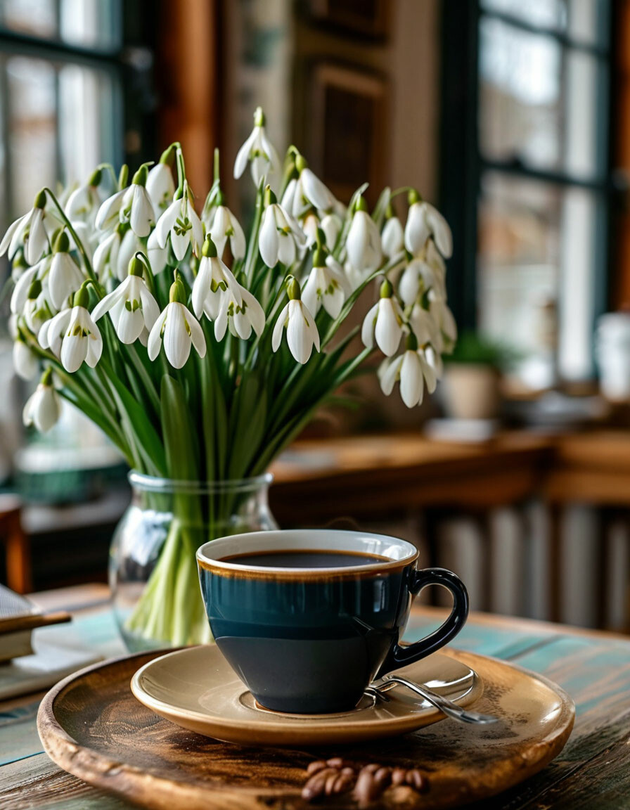 "Good morning! Black coffee and a bouquet of snowdrops Mustard and rich ...
