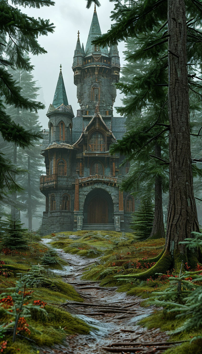 ". old wooden castle, fog, close-up of a huge spruce tree, illusory ...