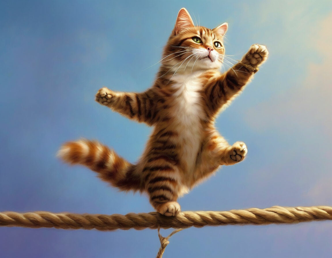"The cat walks on its hind legs Gracefully on the tightrope. To keep ...