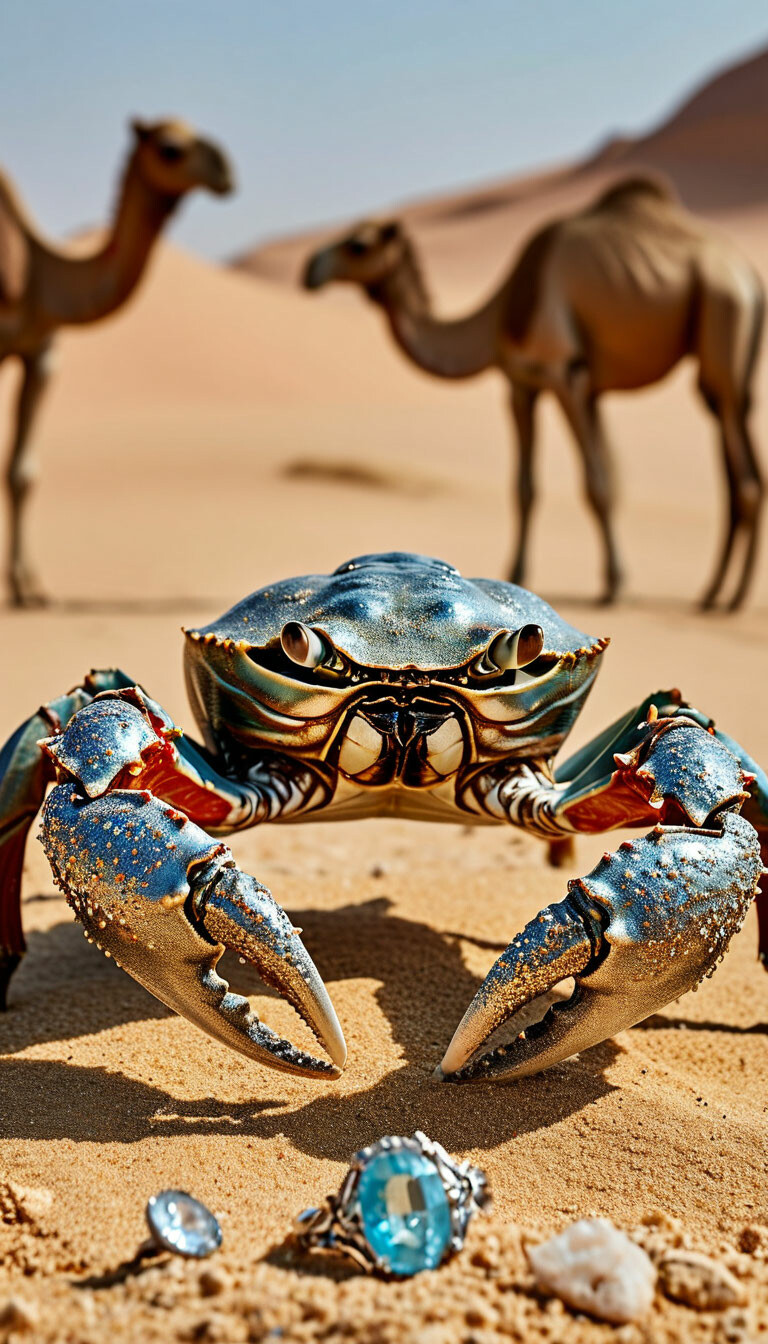 " ️ in the foreground, a huge crab in a protective pose, holding an ...
