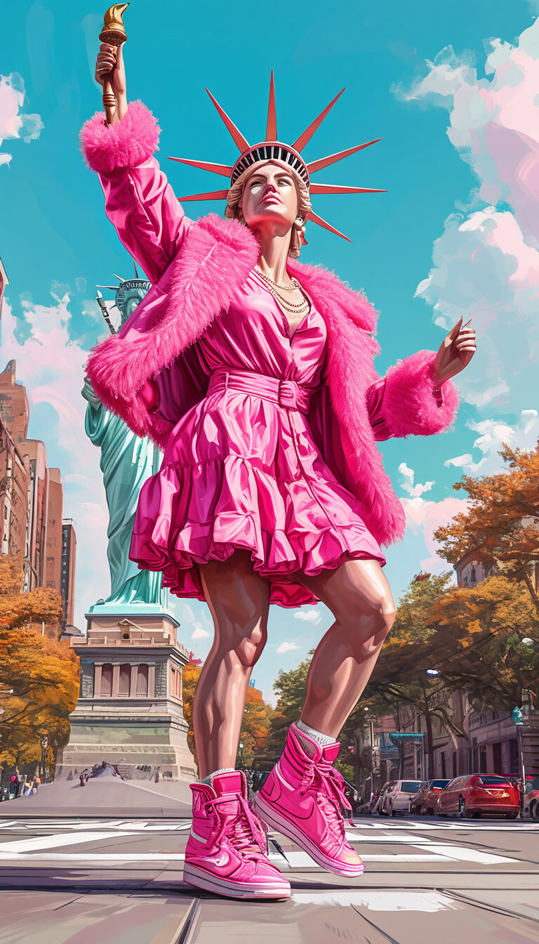 "Statue of Liberty dancing in pink sneakers, pink fur coat, drawing ...