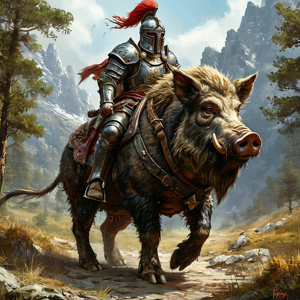 "A helmeted warrior rides an armored boar. a boar the size of a man. a ...