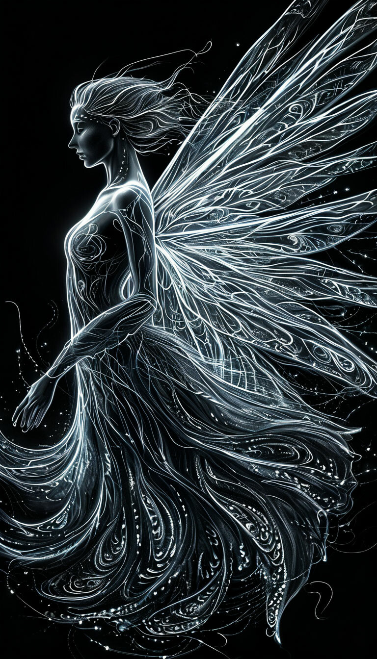 "Sketch in white neon on black velvet. Mesmerizing silhouette of a ...