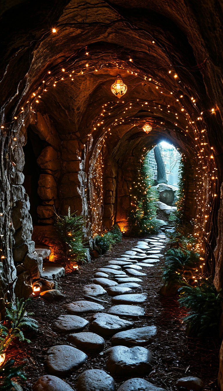 ". a dark grotto decorated with Christmas lights" — image created in ...