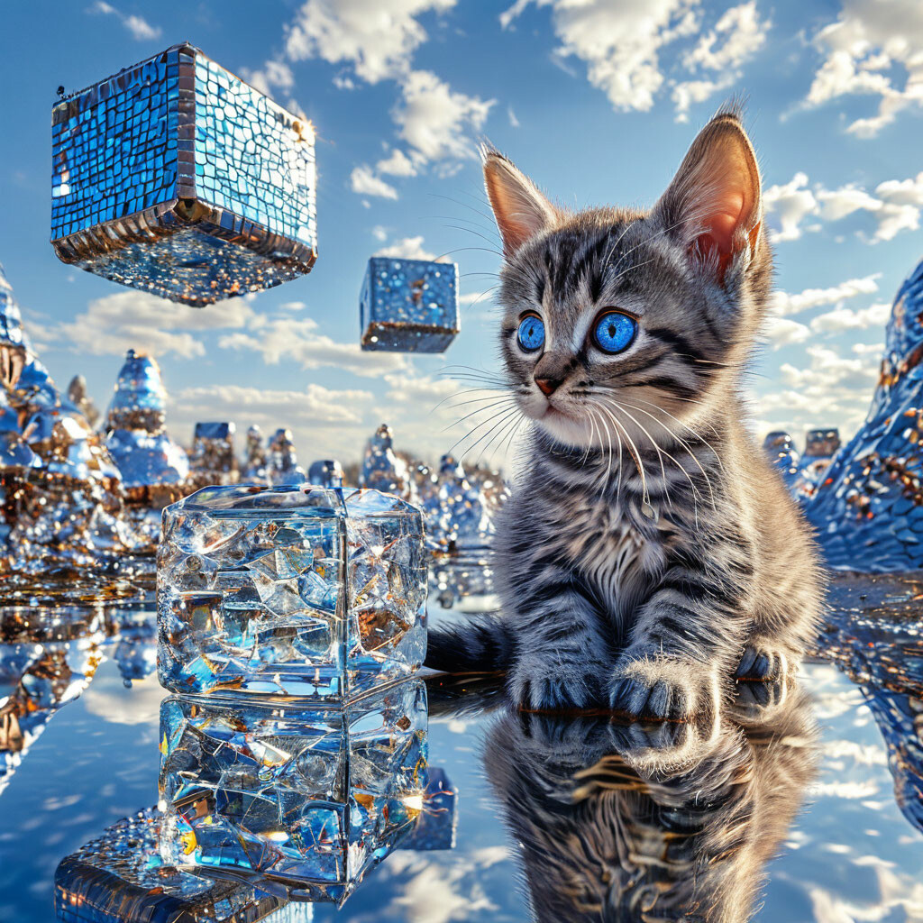 "A kitten made of crystal pebbles with sapphire-colored eyes plays with ...