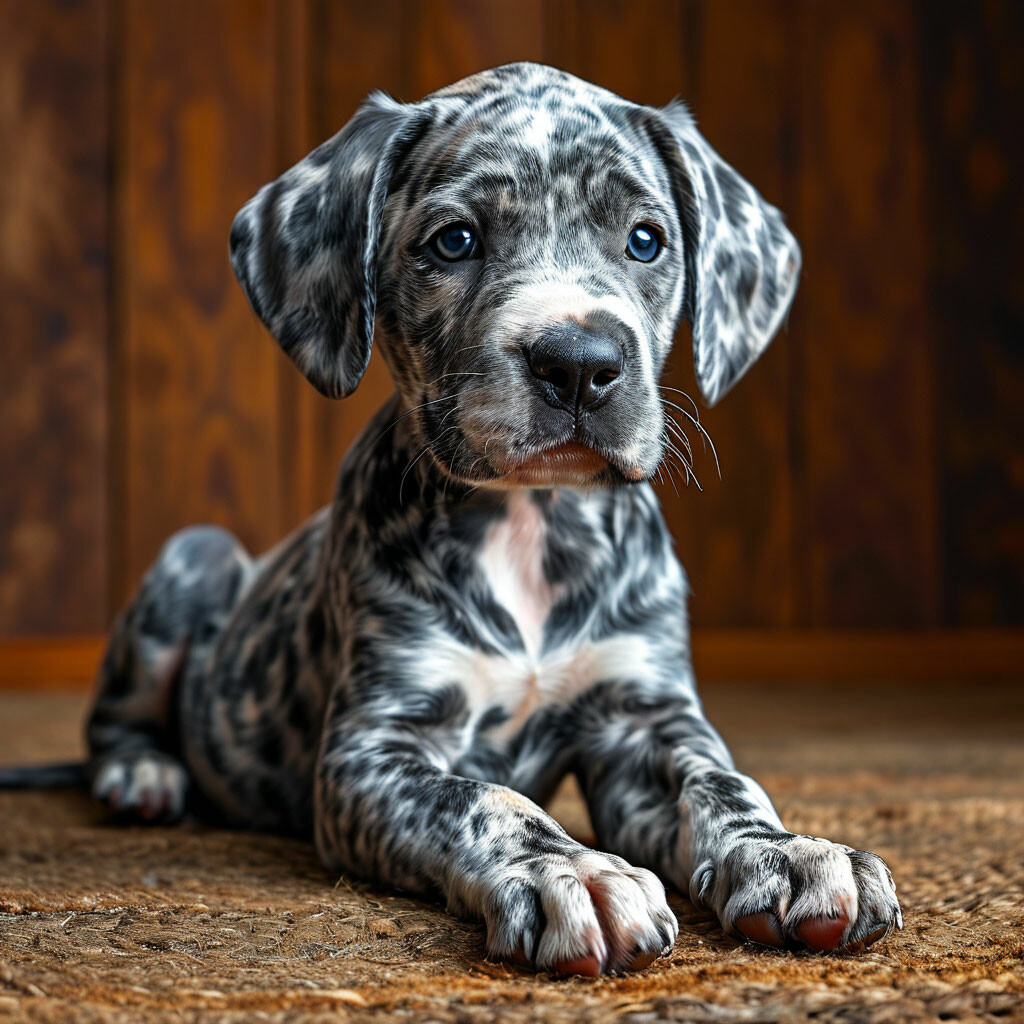 "A beautiful marble-colored puppy of the Great Dane breed. photorealism ...