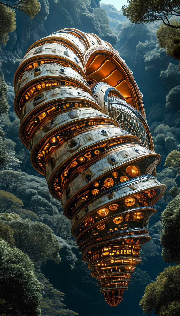 "Imagine a living spaceship in the shape of a spiral shell with natural ...