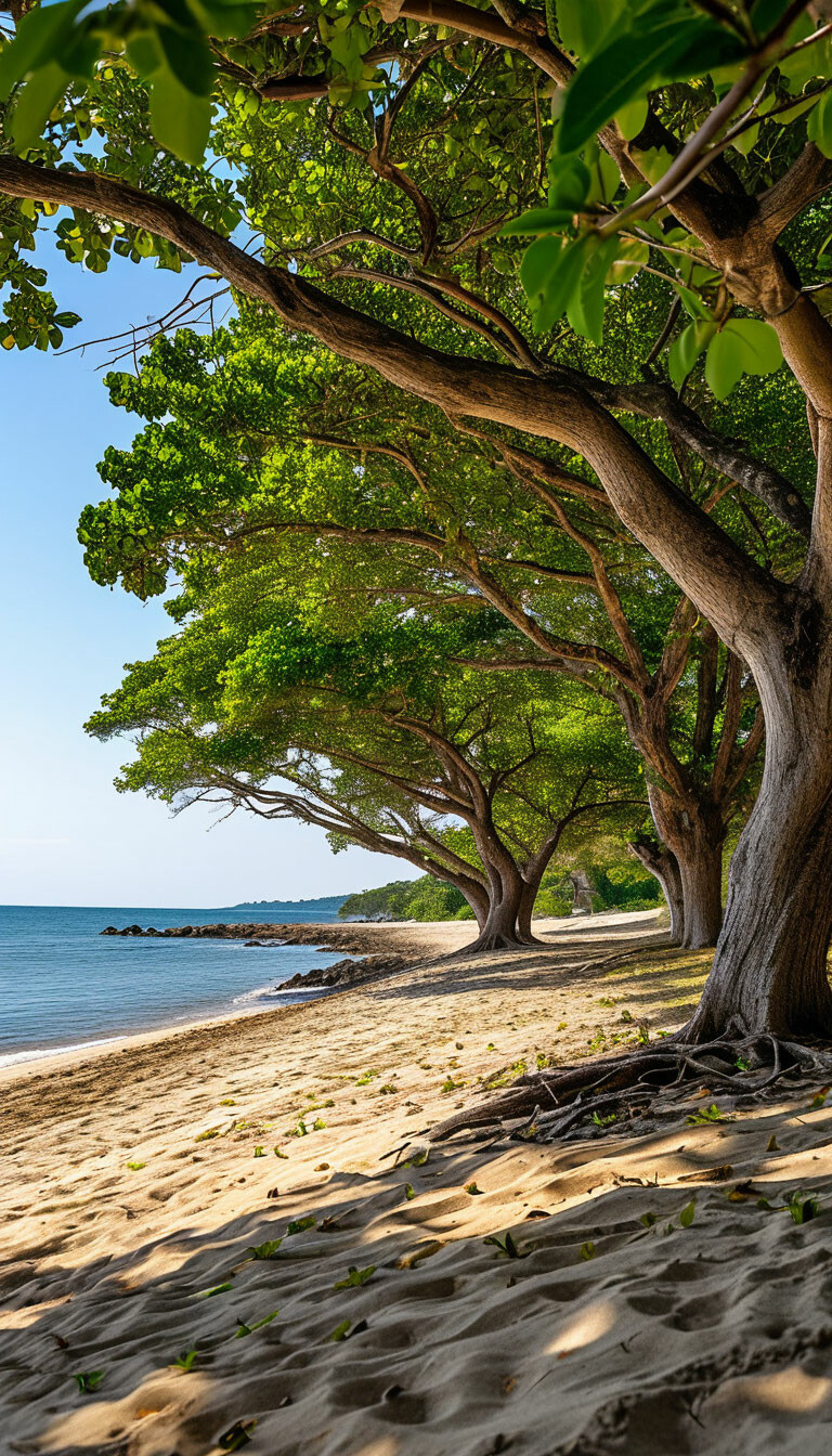 "Trees growing on sand, golden hour lighting, soft shadows, high ...