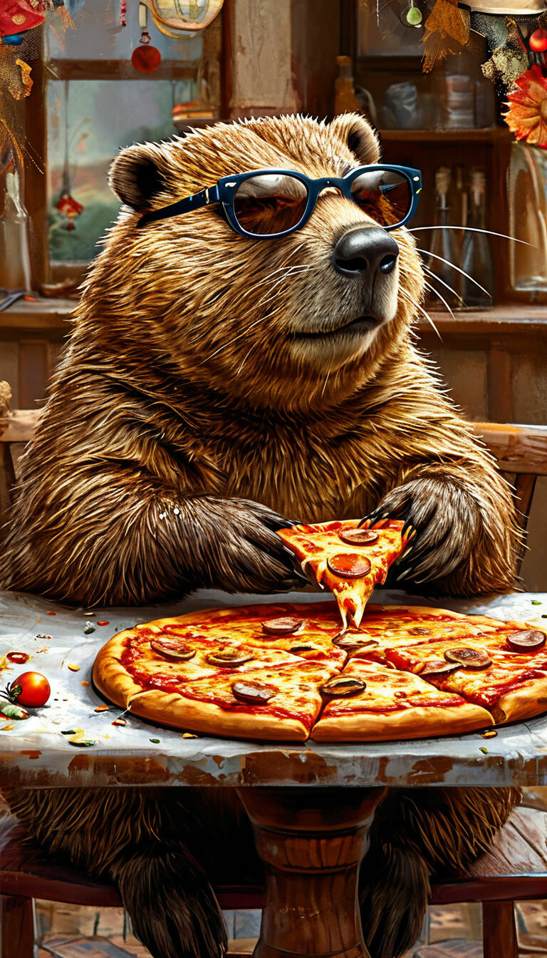 "We are sitting at a table with a beaver.. Beaver side view, wearing ...