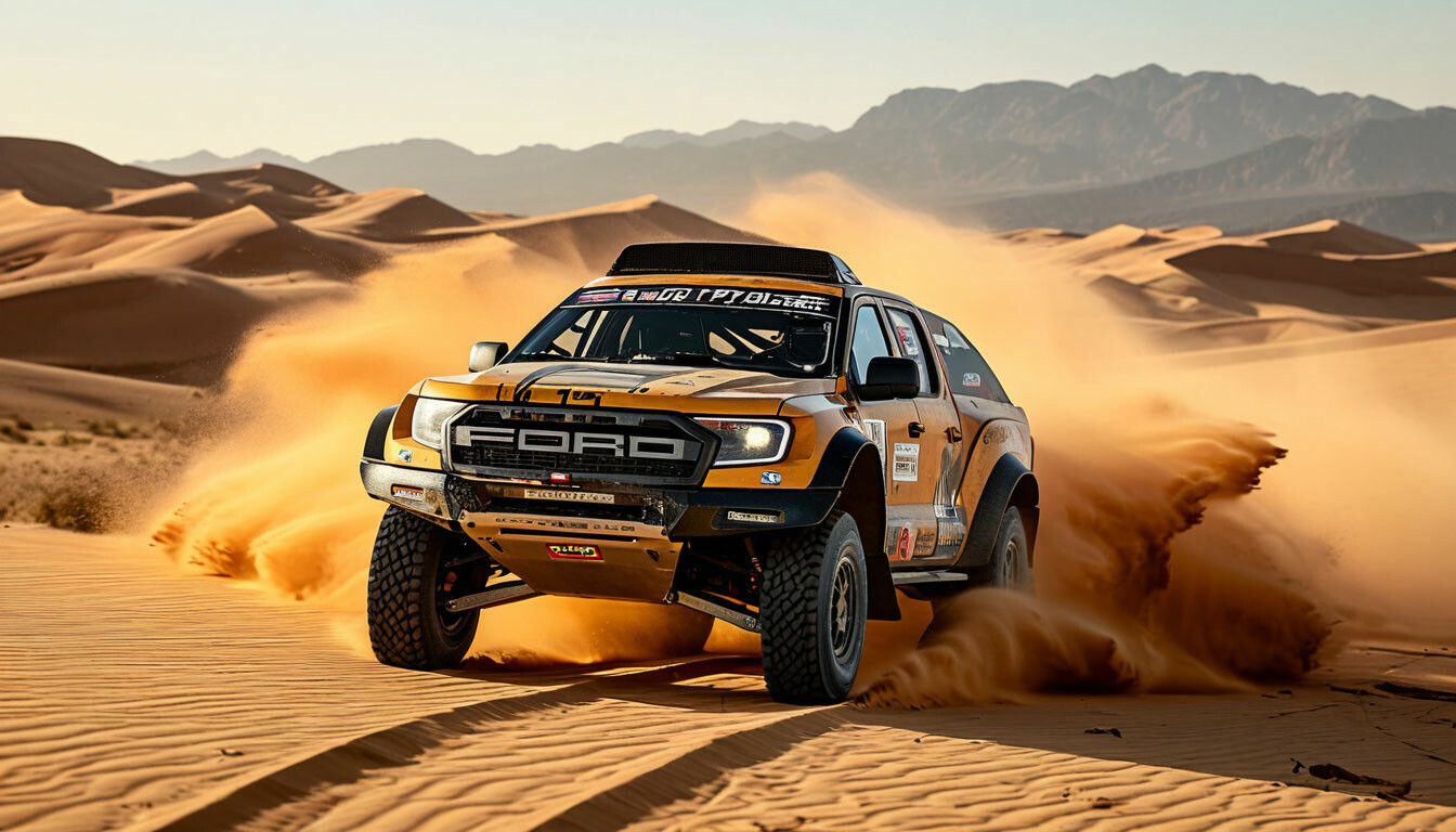 "Ford F-150 Raptor Rally T1+ power-sliding across Sahara dunes, rooster ...