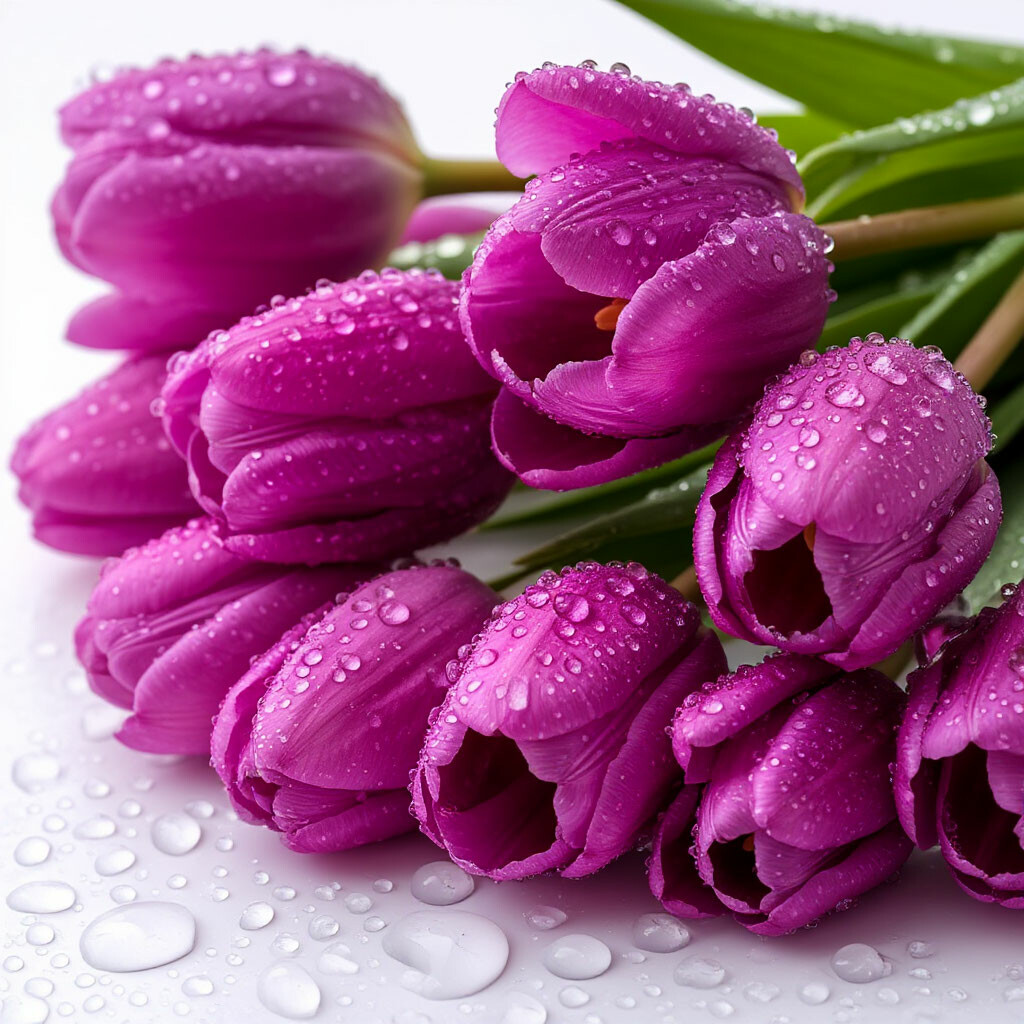 "On a white background , a bouquet of lilac, purple, fuchsia tulips ...