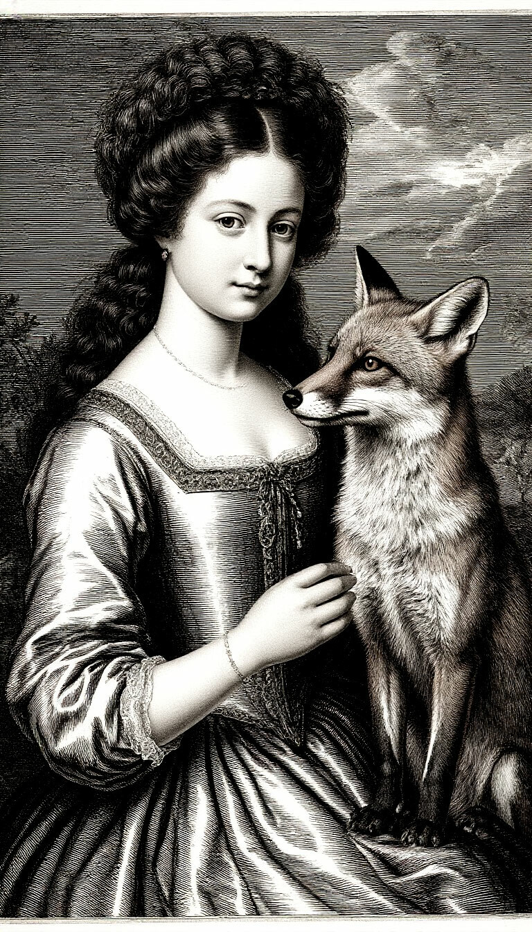 "Digital graphics engraving of a young countess with a fox of the 17th ...