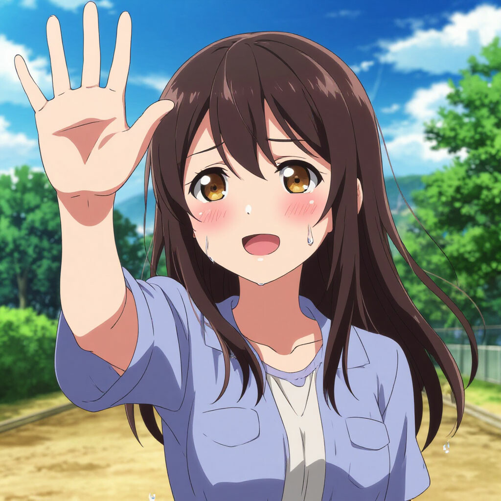 "Beautiful anime pulls her hand up and…" — image created in Shedevrum