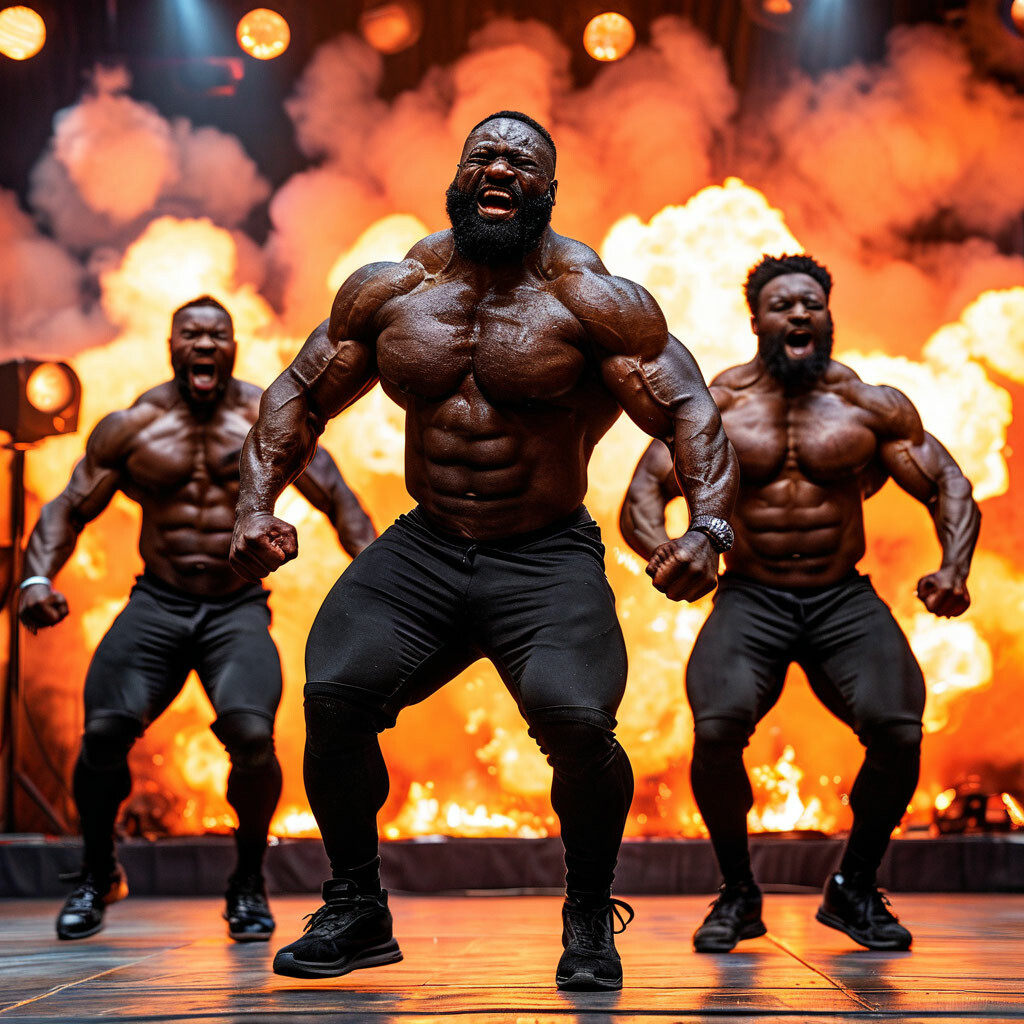 «Black bodybuilders dancing hard against the background of explosions ...