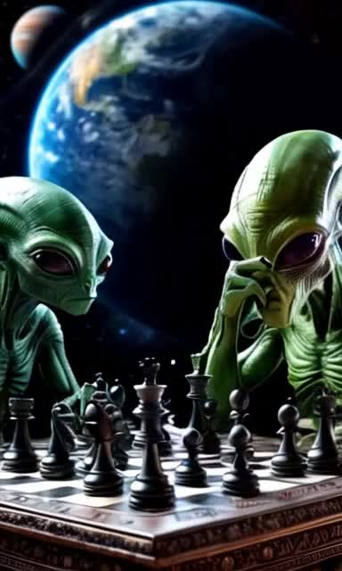 «Fantasy,aliens playing alien chess , alien chess pieces,one ...