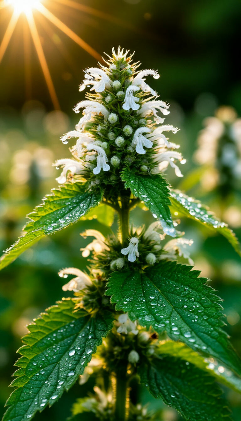 "Nettles bloom with white flowers, dew, sun, macro" — image created in ...