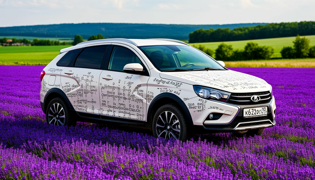 "ASCII ART. Lada Vesta cross wagon on lavender field on tractor wheels ...