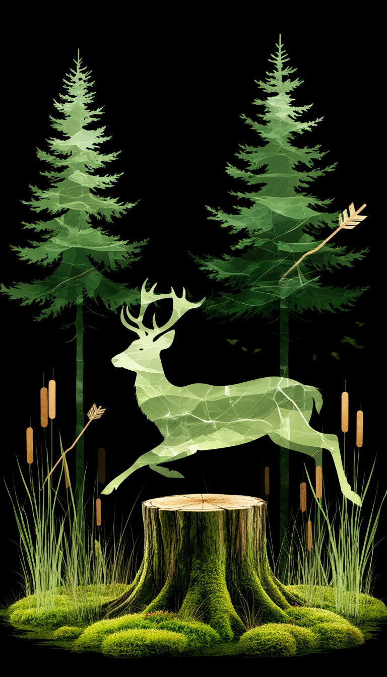 "On a black background and silhouettes of fir trees amber-glass-like ...