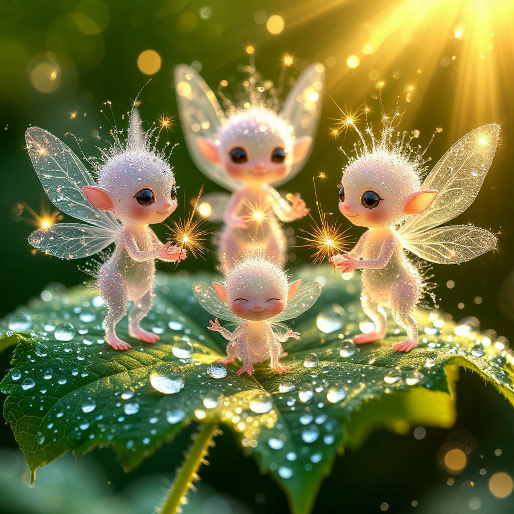 "Four cute tiny transparent fairy-tale creatures with sparks in their ...