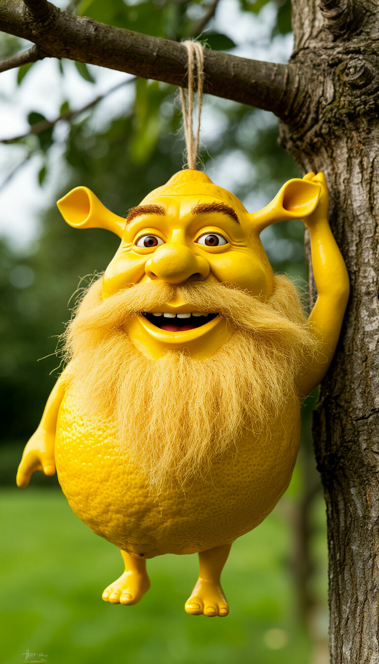 "Lemon shaped like shrek with a beard, hanging on a tree, twisted sour ...