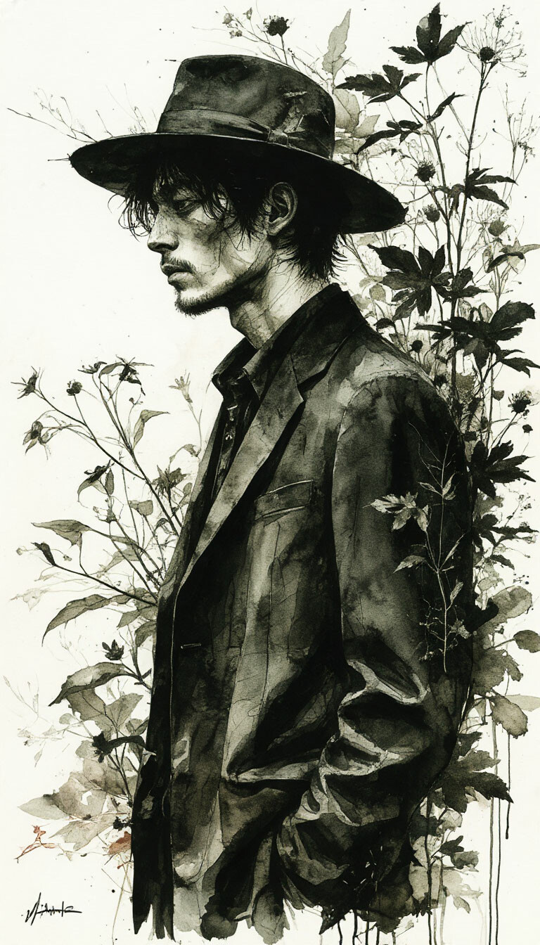 ". sketch in the style of Peter Witkin men, dark botanical Yohji ...