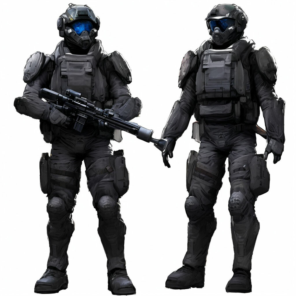 "A humanoid combat APC in gray-colored tactical gear, equipped with a ...