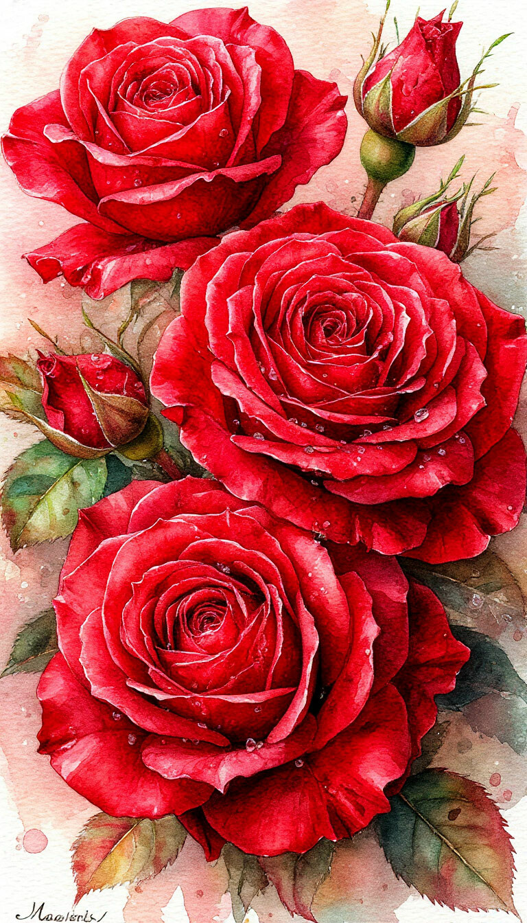 "Watercolor very lacy bright red ruby roses, cavalaris, Lee Bogle ...
