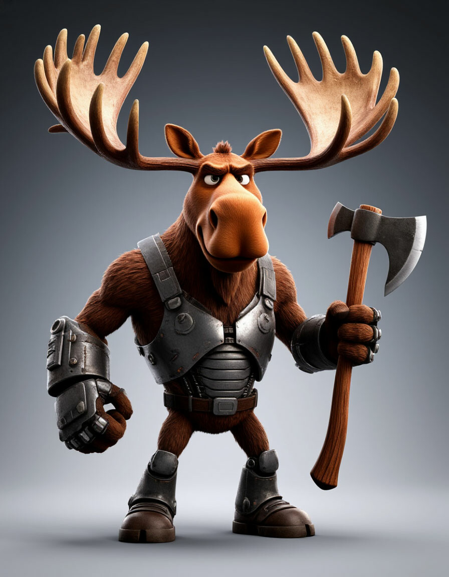 "Cool Boss Moose-cyborg, stern look, axe in hand, swing, gray ...