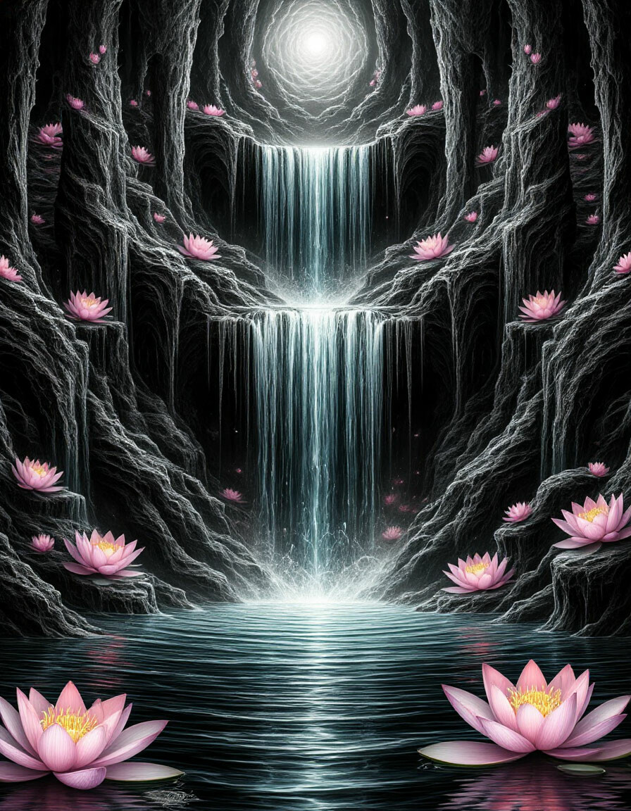 "Black art, fractal lotuses rising from the abyss of the river through ...