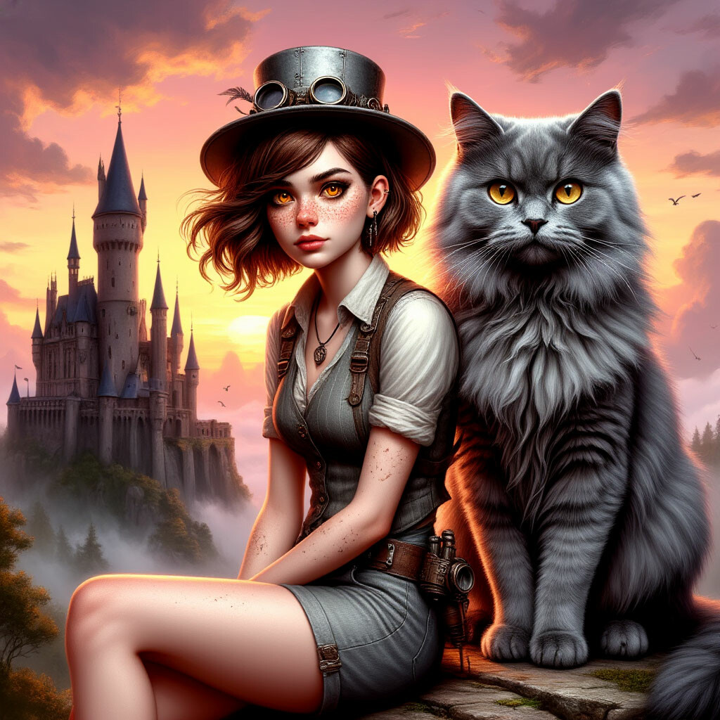 "Jinx and Isha An adult girl with short wavy brown hair, golden eyes ...