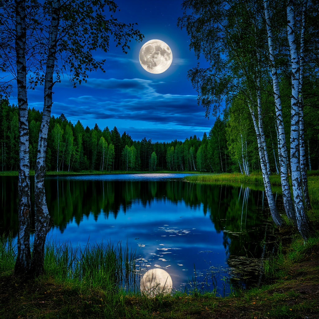 "Night, moon, birch trees, lake" — image created in Shedevrum