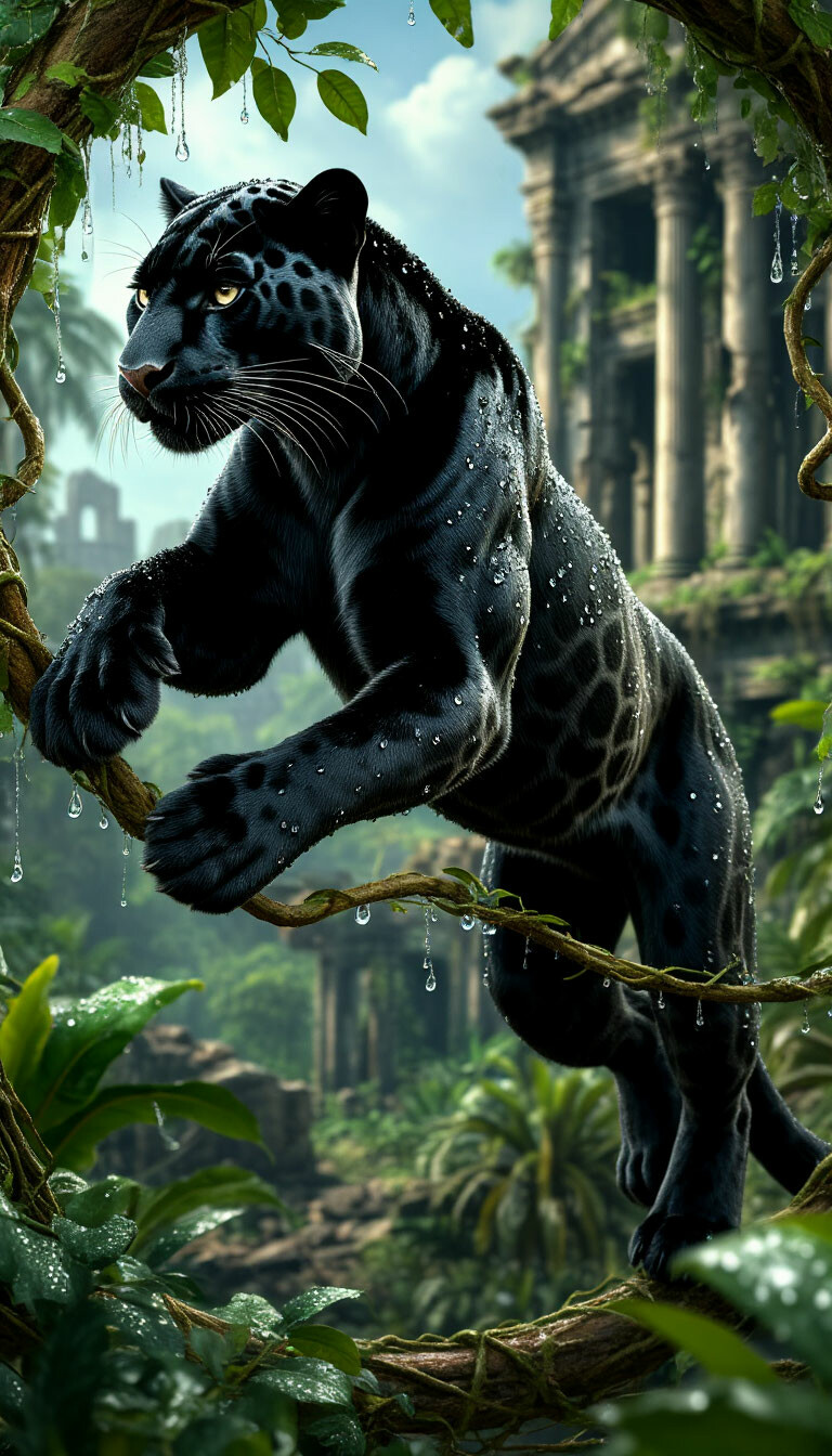 "Gorgeous black panther, side view, jumping on a vine, in the jungle ...