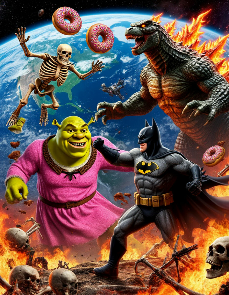 "A battle in space against the background of the earth. Shrek vs Batman ...