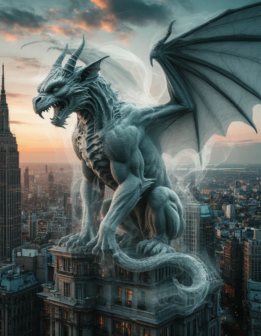 " Double exposure epic fantasy city inside transparent ghost gargoyle ...