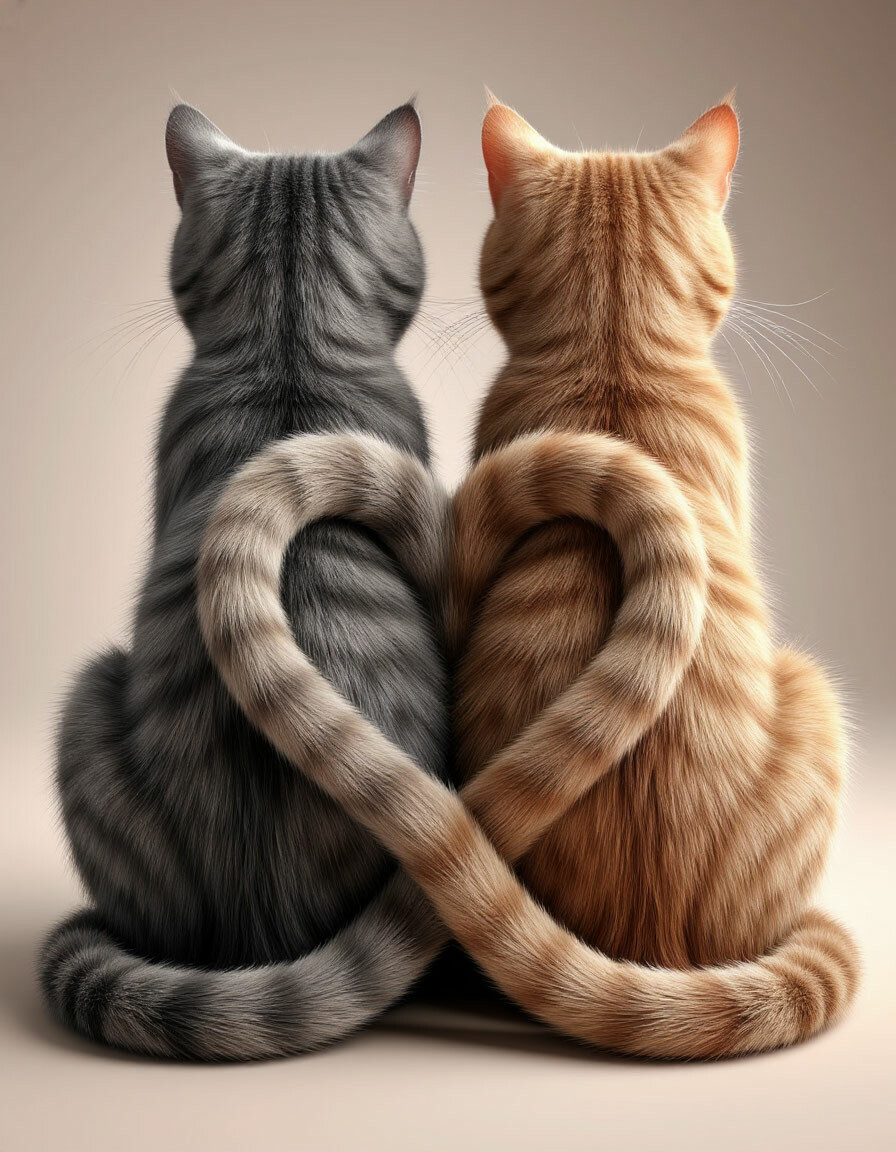 "Close-up, grey and beige, sitting with their backs, a heart made of ...