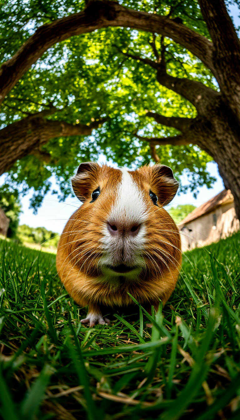 "Fisheye eyes open, bottom-up view from the grass, tree crowns in a ...