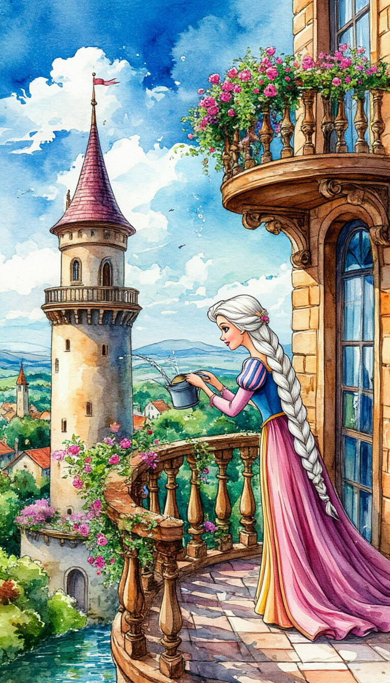 "Fabulous balcony on a high tower, cute Rapunzel waters flowers from a ...