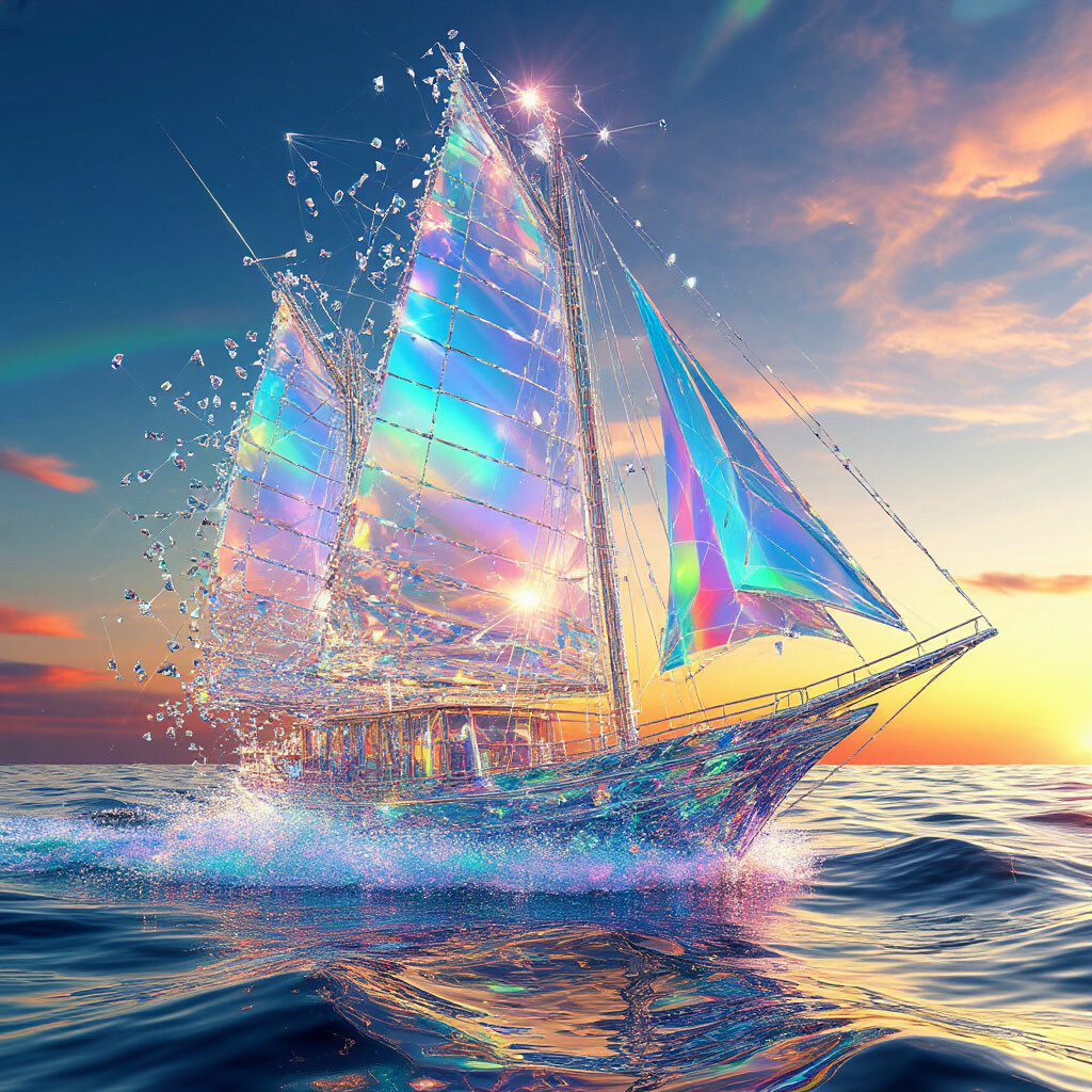 "A fantastic crystal sailboat with holographic sails in bright waves ...