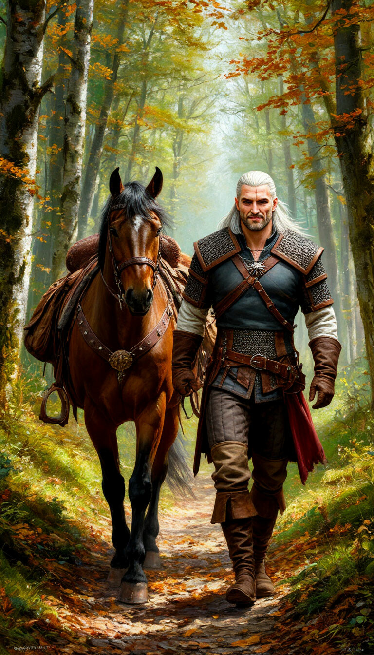"The Witcher Gerald smiles, leads his horse through the forest, harmony ...