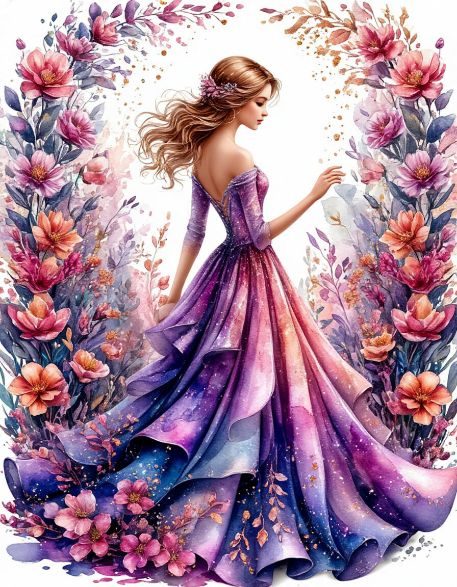 "Shimmer watercolor 3d flora and a girl in a long dress or Bogle ...