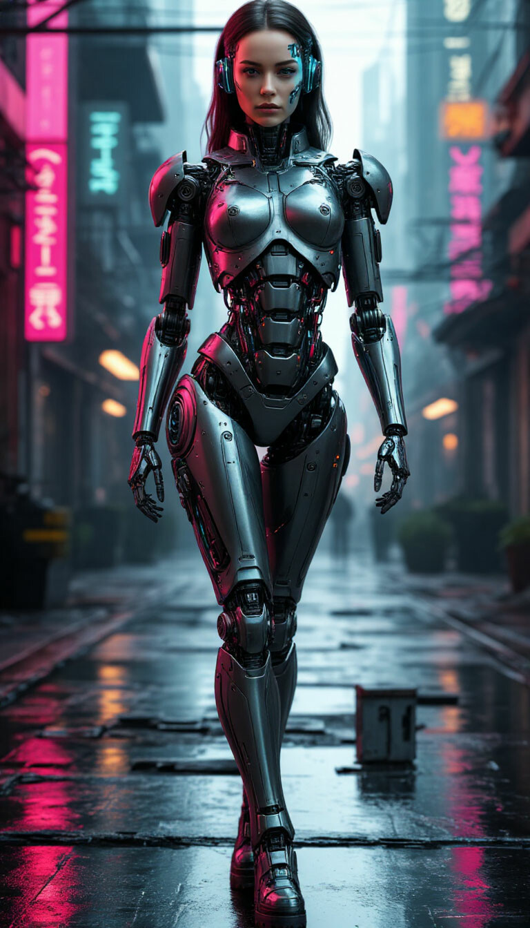 "Beautiful robot woman in full height cyberpunk style" — image created ...