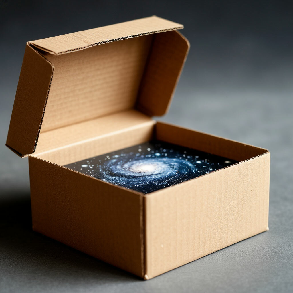"Double exposure 5D. 5D rectangular cardboard box with an open lid ...