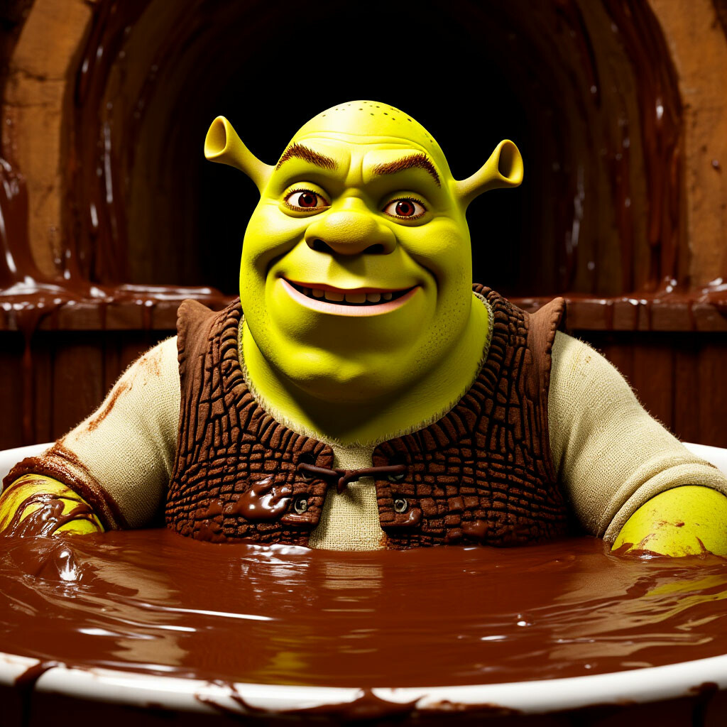 "Shrek is bathed in chocolate" — image created in Shedevrum