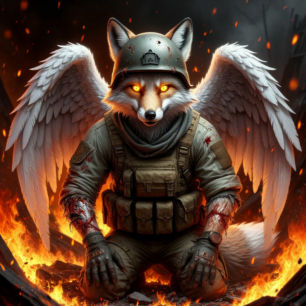 "Furry is an anthropomorphic humanoid fox with white wings and a gray ...