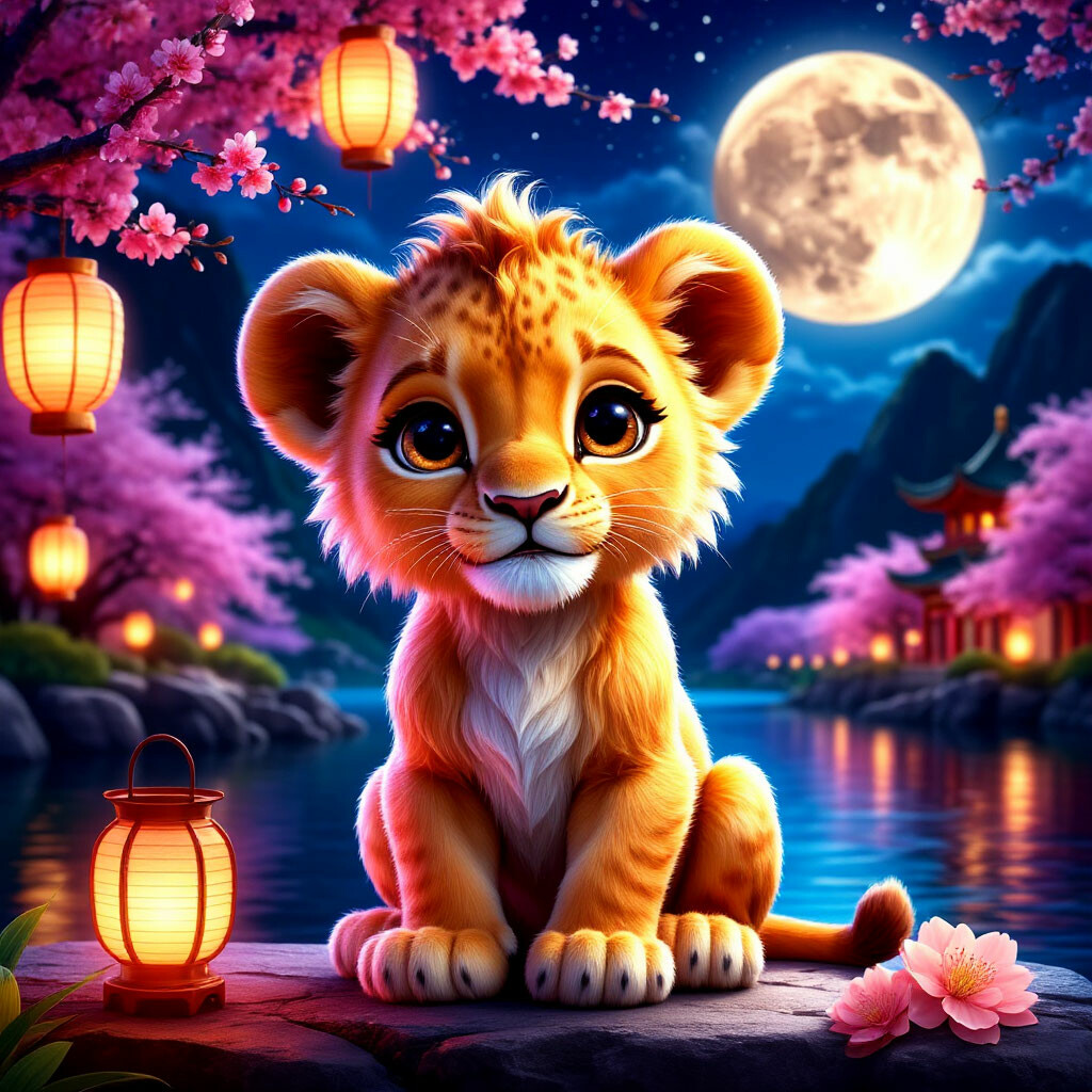 "Kawaii 3D lion cub sitting near sakura river night lanterns lights ...