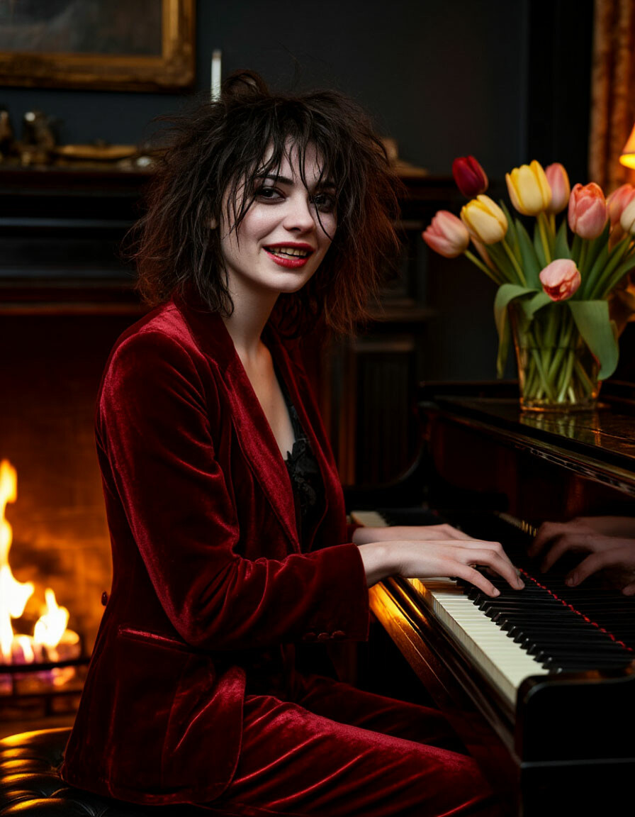 "The dark living room is in semi-darkness, only the flame of the ...